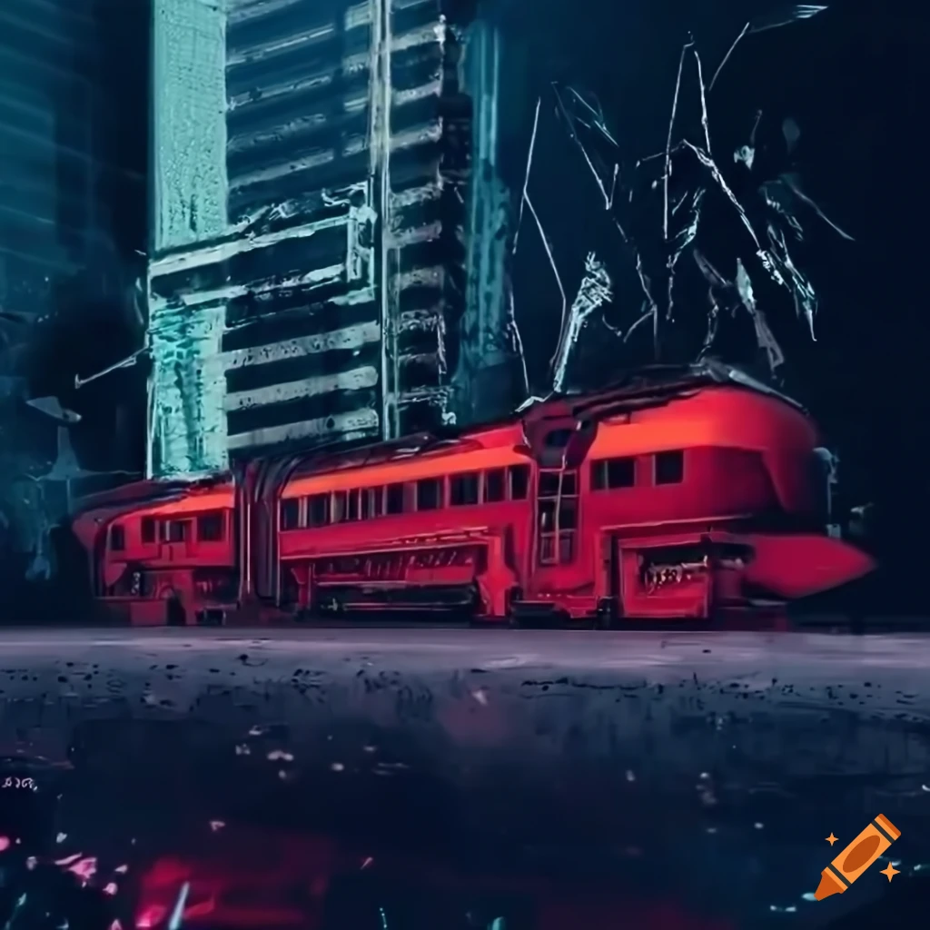 Futuristic locomotive with red highlights in a surreal cityscape on Craiyon