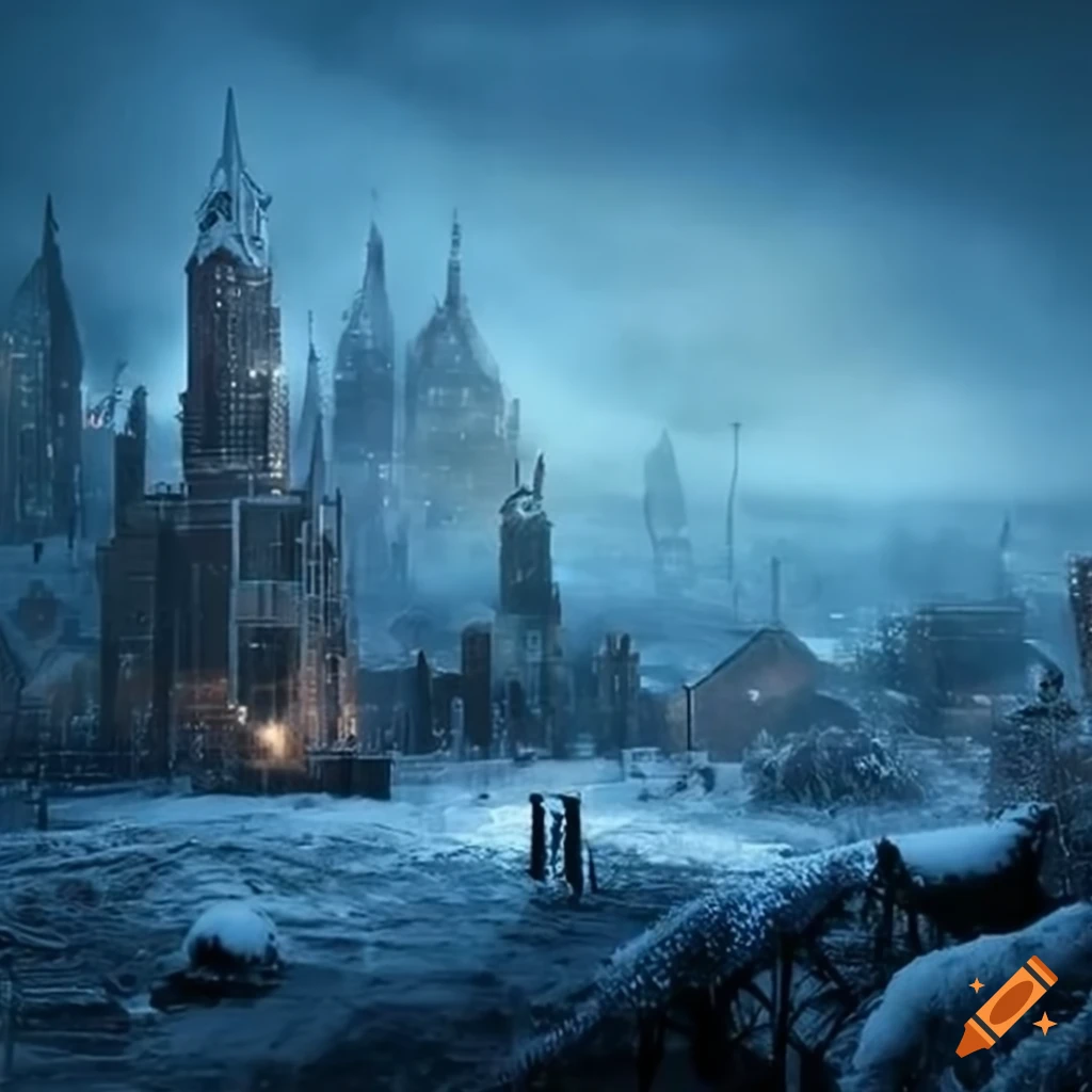 Harsh winter apocalypse city with frozen corpses under darkened sun on ...