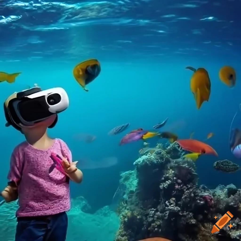 Enfant with an Oculus VR headset watching fish and corals in the sea on ...
