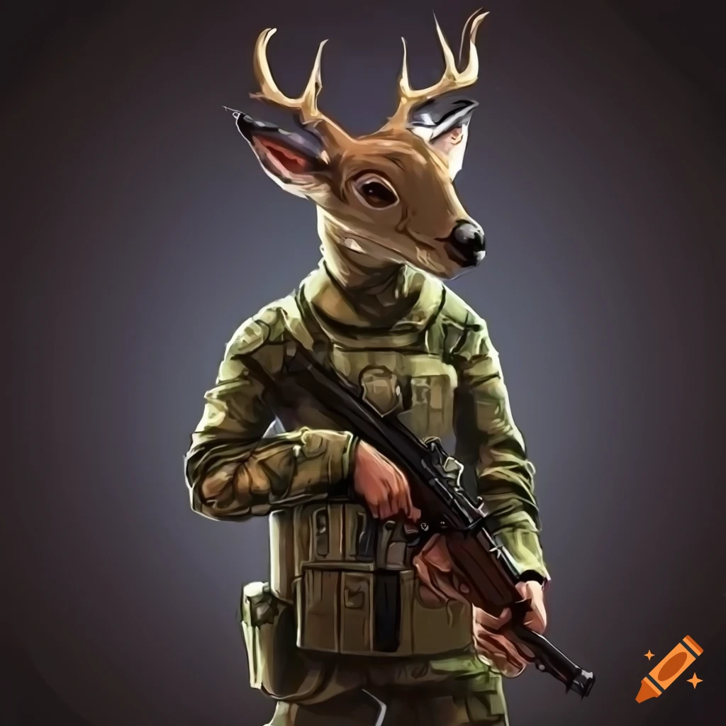 Cartoon soldier with deer head and antlers holding a sub machine gun in ...