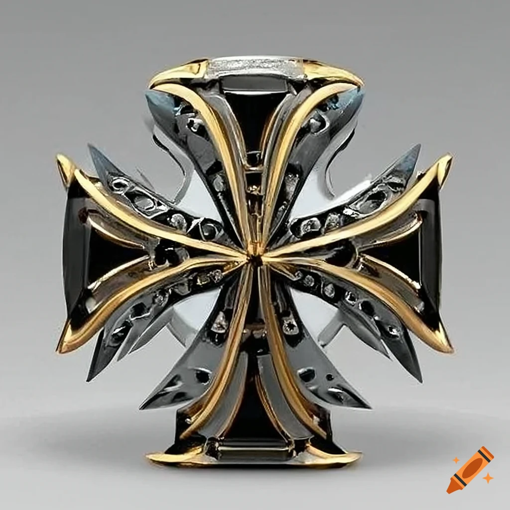 Maltese cross design on a circular black and silver background with ...