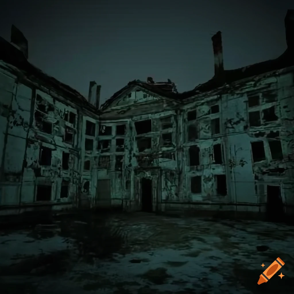 Abandoned asylum in a dark forest setting with broken windows and ...