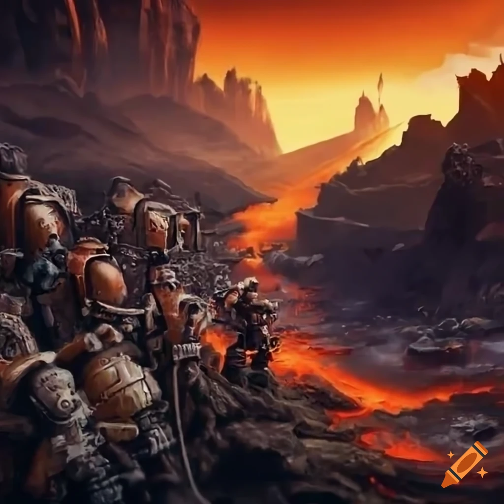 Army in Warhammer 40k style overlooking a lava river from a cliff on ...