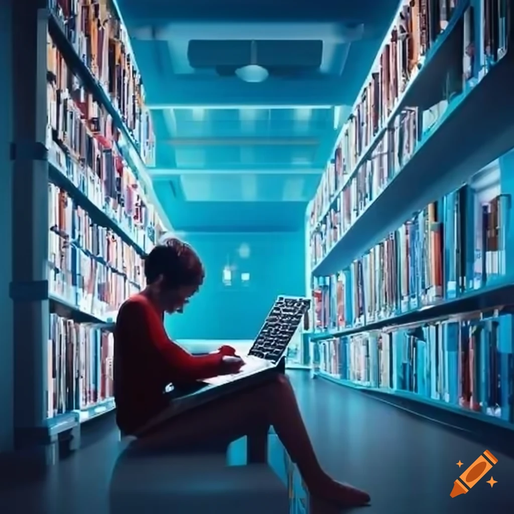 Spacious high-tech library with students studying using laptops and ...