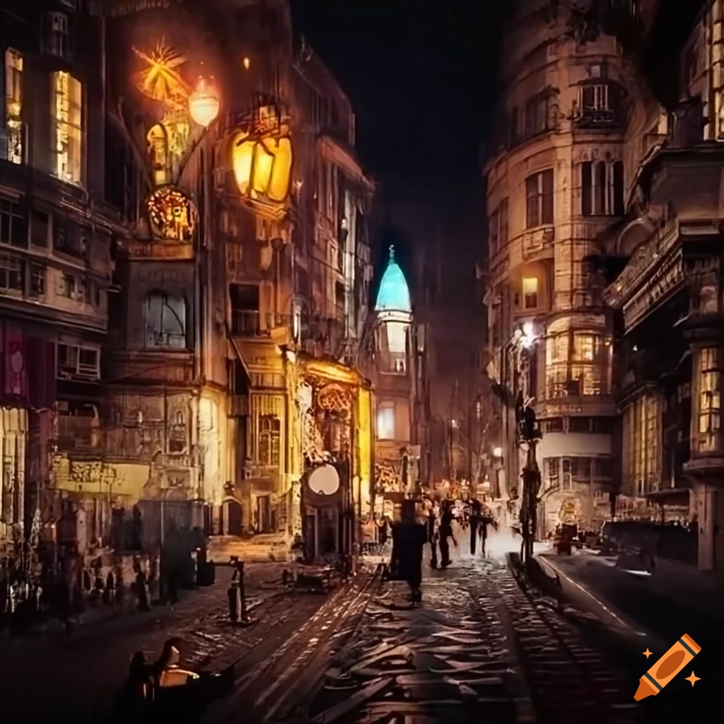 Dystopian steampunk city at night with steam rising from buildings on ...