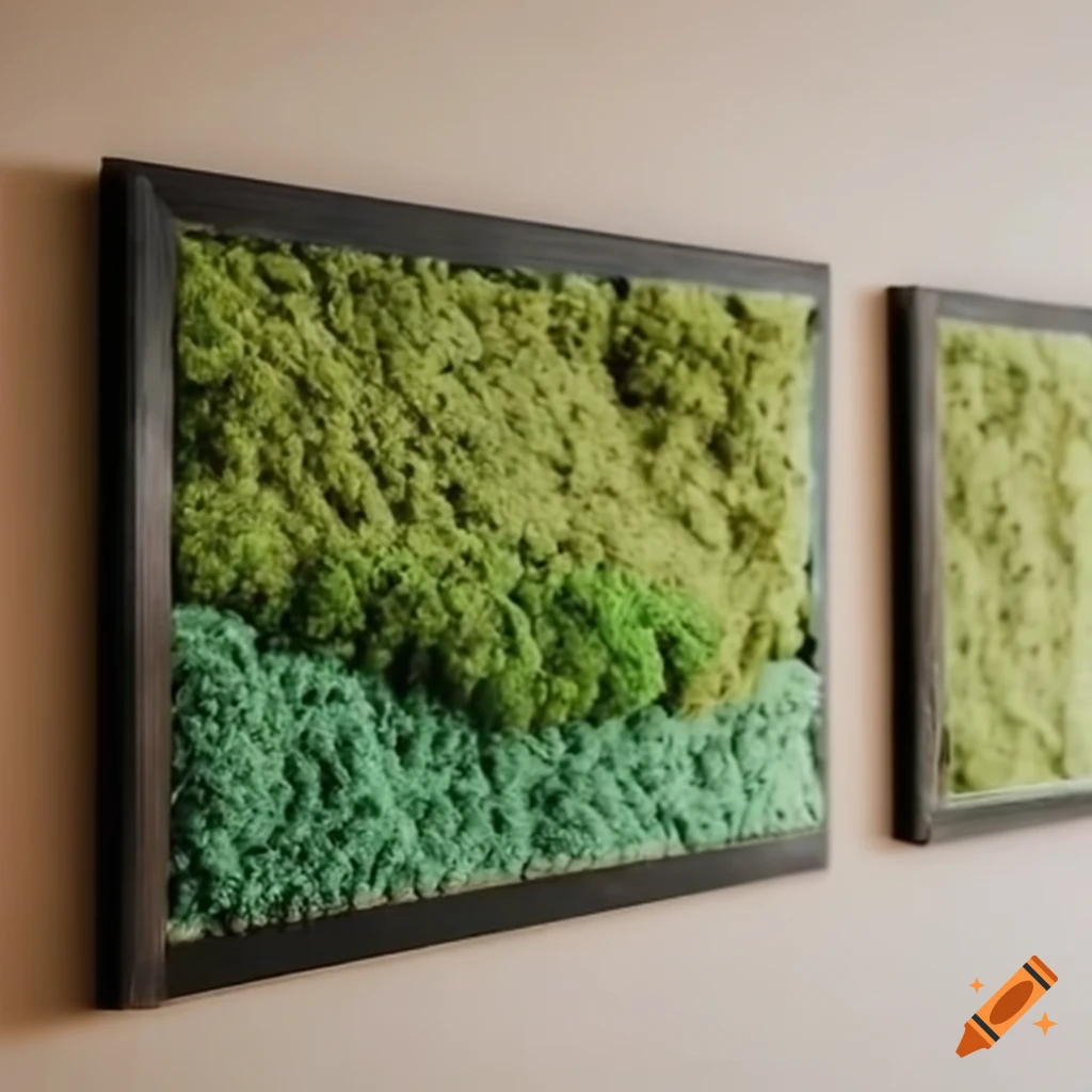 Preserved moss picture frames used as wall art DIY behind a sofa on Craiyon