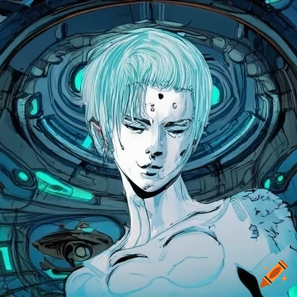 Young man cyborg sleeping in a futuristic high-tech chamber inspired by ...