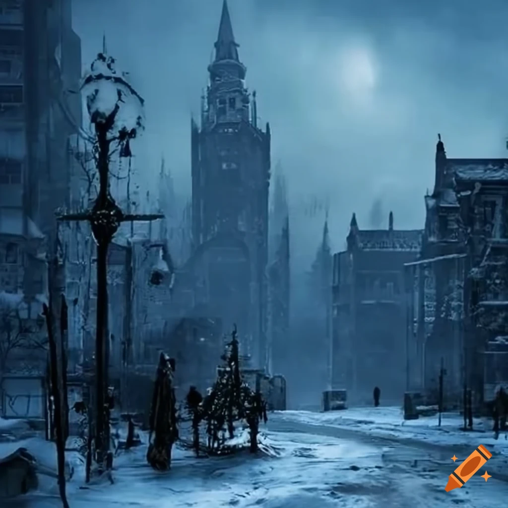 Harsh winter apocalypse city with frozen corpses under darkened sun on ...