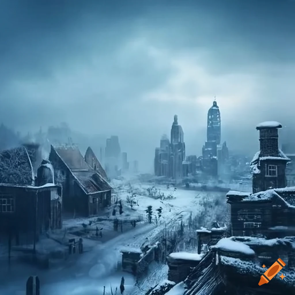 Harsh winter apocalypse city with frozen corpses under darkened sun on ...