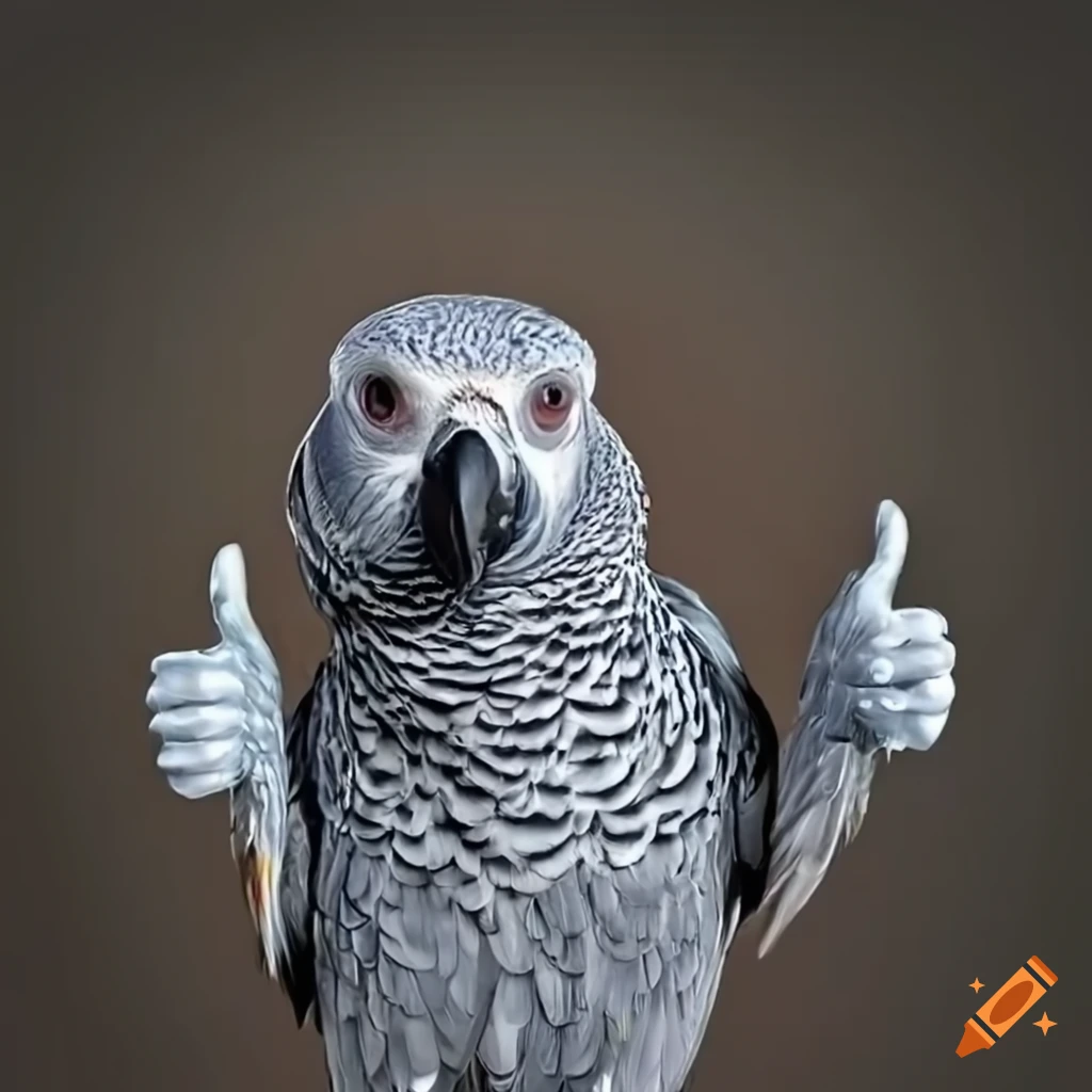 Happy african gray parrot with glasses giving thumbs up on ipad on Craiyon