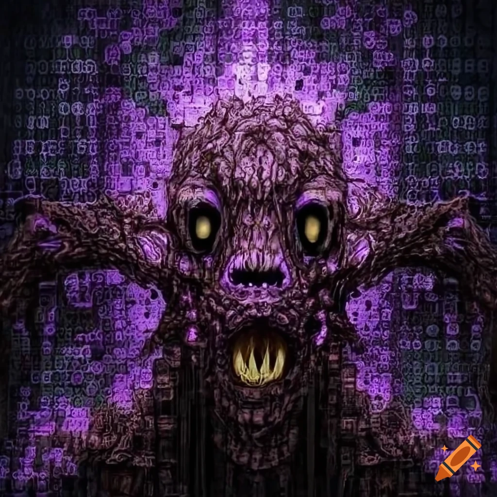 Eldritch monster made of dark squares and eyes with colorful rays in a ...