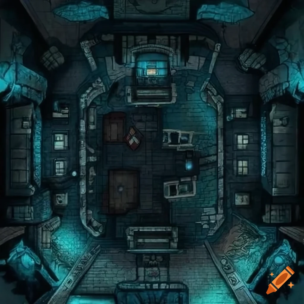 Dnd battlemap of a high-tech room with weapon blueprints on Craiyon