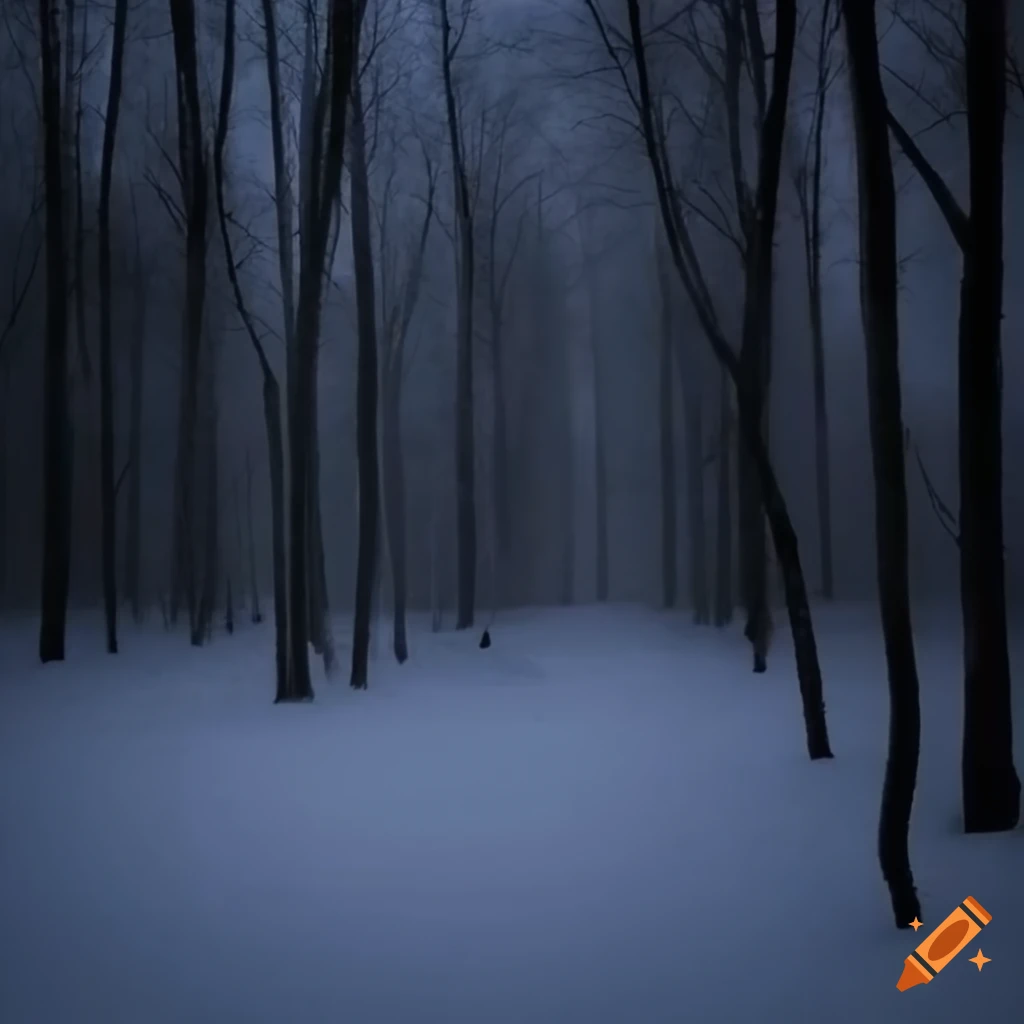 Snowing heavily in the dark winter woods at night on Craiyon