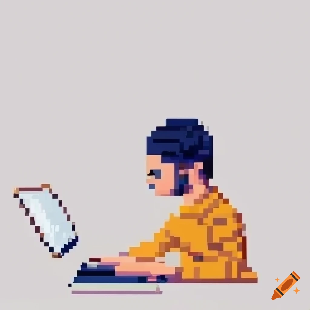 Minimalist pixel art of an IT worker typing at a desk with computer ...