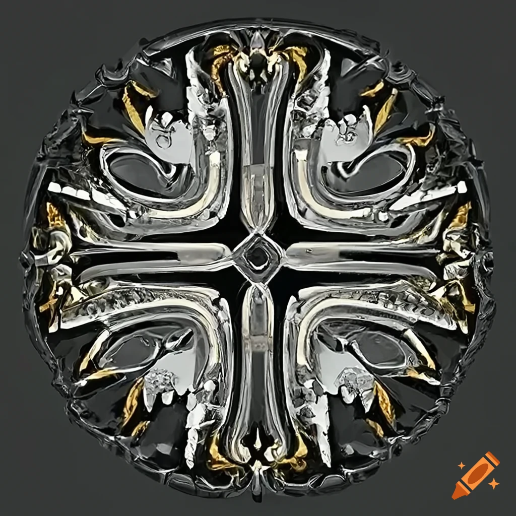 Maltese cross design on circular black and silver background with gold ...