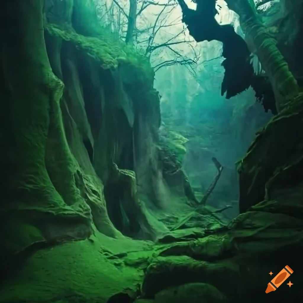 Cave entrance in an overgrown cliff within a misty surreal jungle on ...
