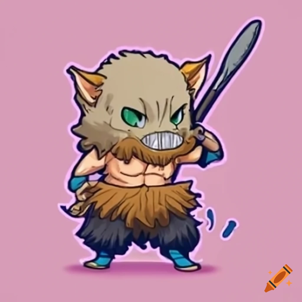 Chibi version of Inosuke Hashibira standing in the front view on Craiyon
