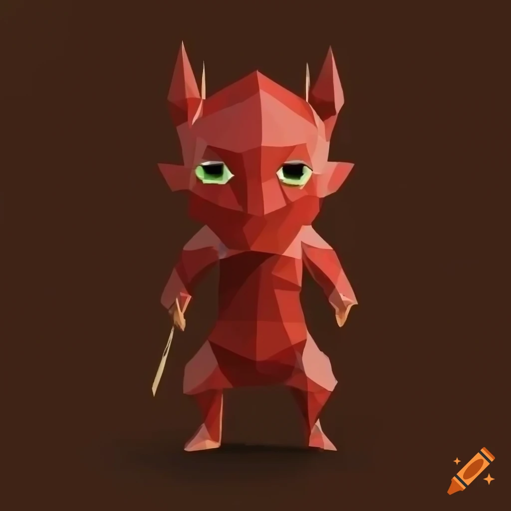 Small red skin creature with pointed ears in low poly style on Craiyon