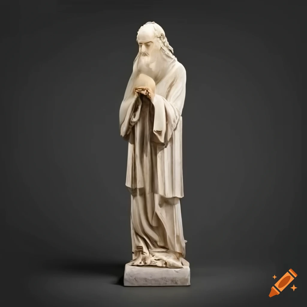 Marble statue of an old priest with long robe and wooden staff on Craiyon