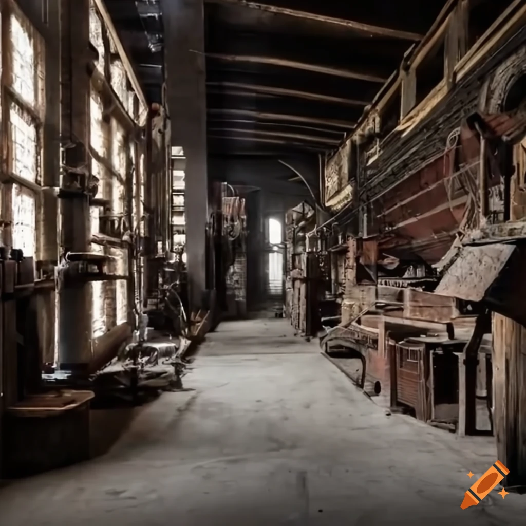 Dimly-lit warehouse with ancient machinery and power tools on Craiyon