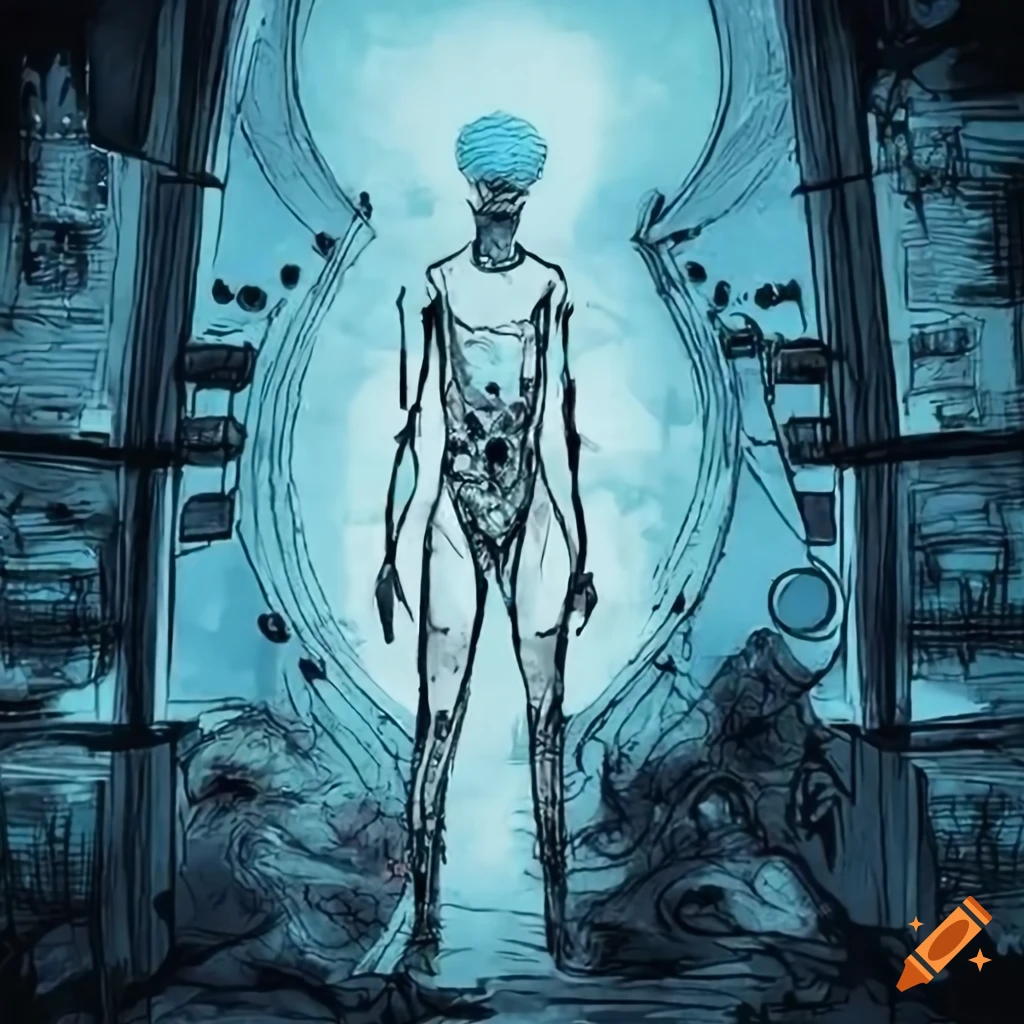 Hibernating man cyborg in futuristic structure with light cyan hair and ...