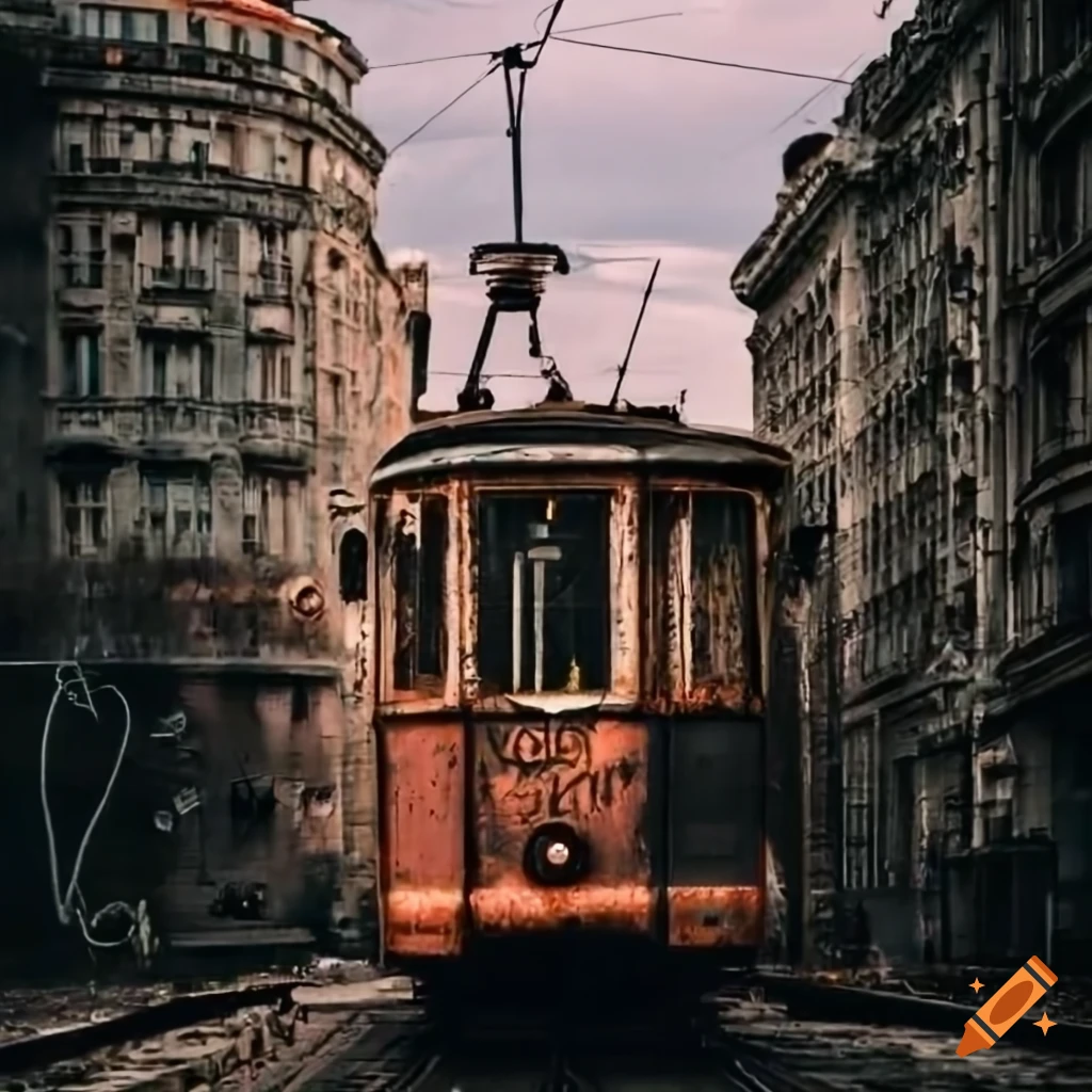 Dystopic image of a rusty tramway in Bucharest city with a nuclear ...