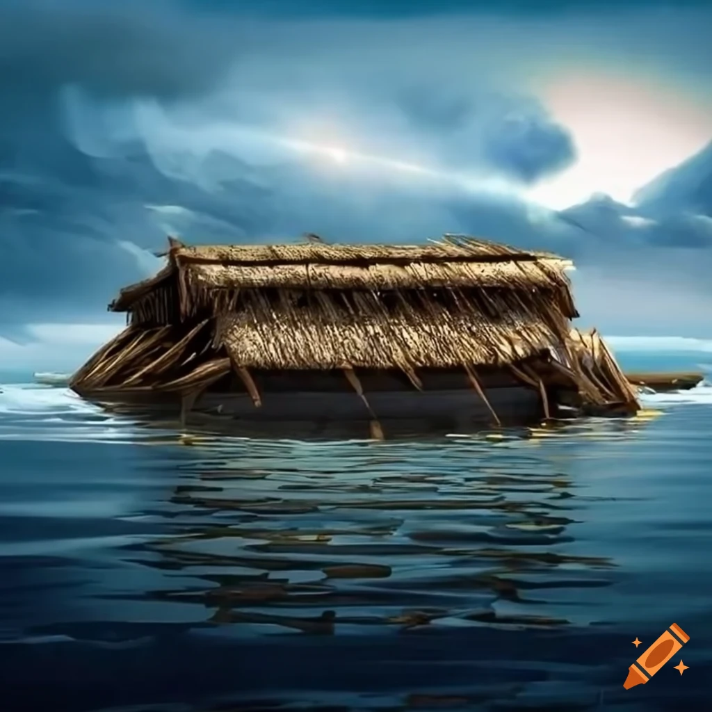 Prehistoric ark on stormy waters resembling a longhouse on a raft on ...