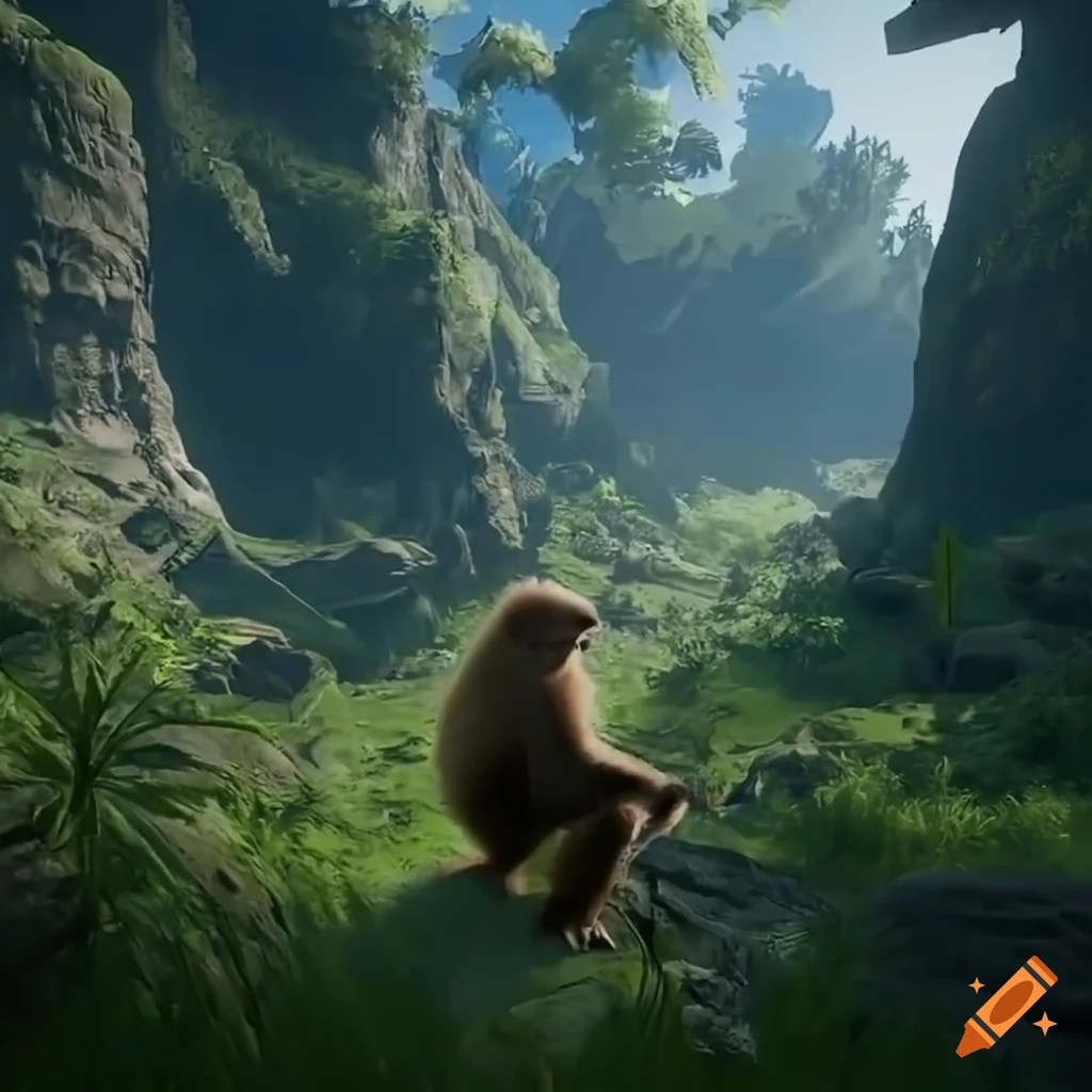 Close-up of a monkey in a grandiose landscape on the planet of the apes ...