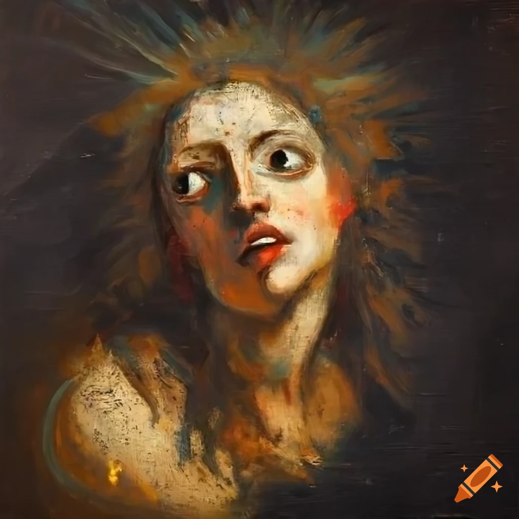 Abstract expressionistic oil painting portraying grim determination at ...