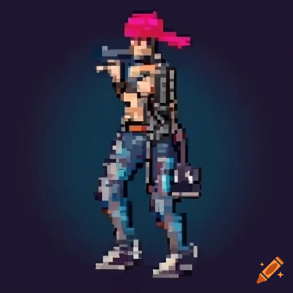 Cyberpunk game character in pixel art with futuristic attire and gun on ...