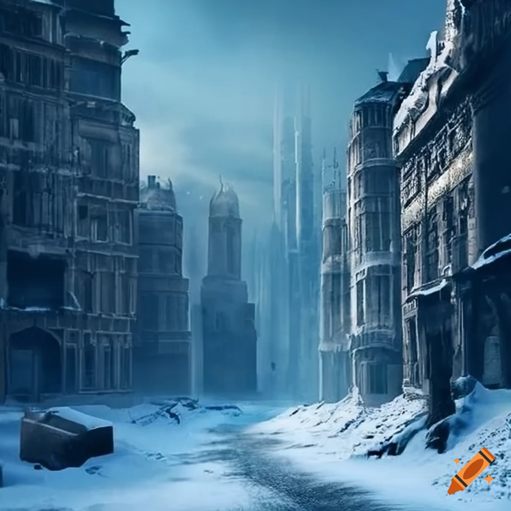 Harsh winter apocalypse city with frozen corpses under darkened sun on ...
