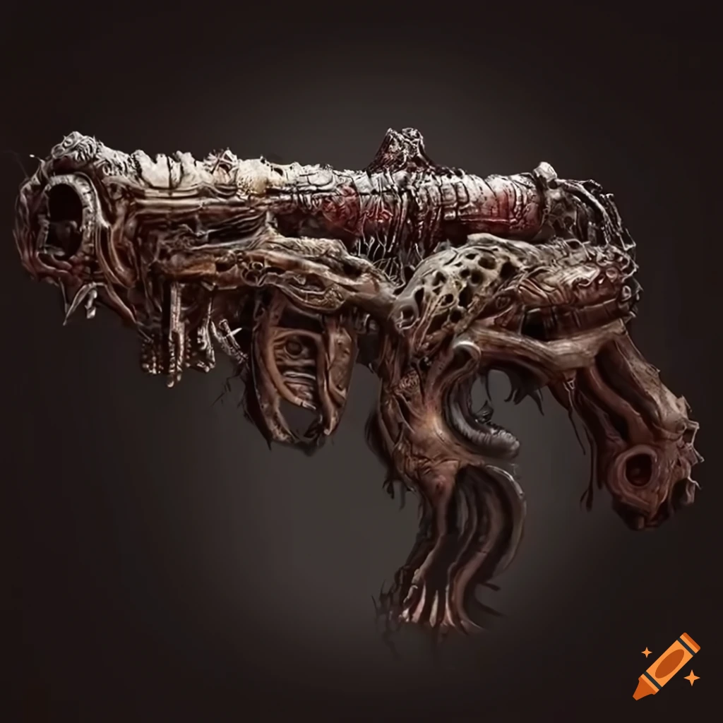 Intricately-detailed concept art of a bio-organic machine gun in the ...