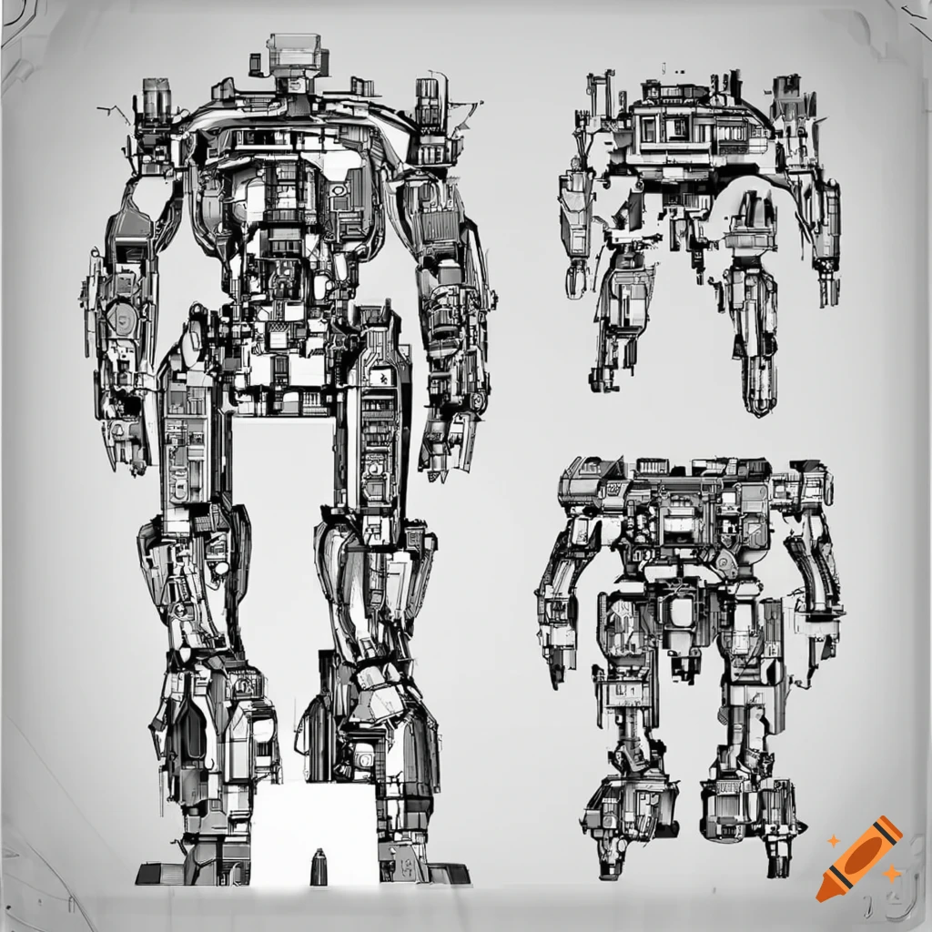 Complex engineering blueprints of futuristic mecha units with intricate ...