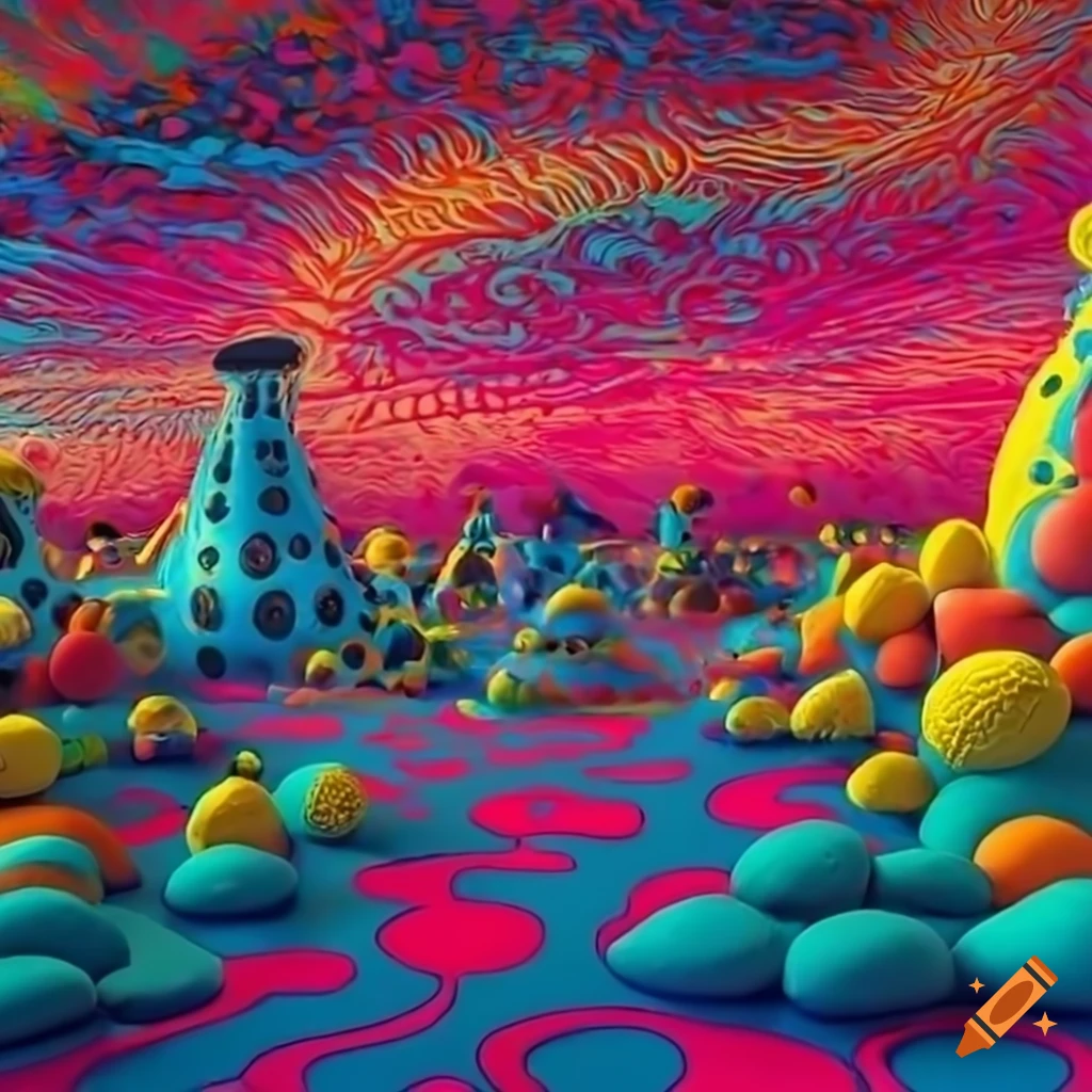 Trippy 3d landscape with vibrant colors and geometric shapes inspired ...
