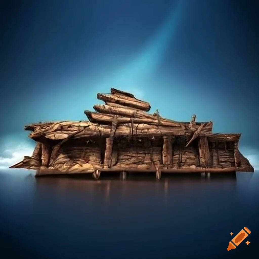 Prehistoric ark made from logs against stormy waves on Craiyon