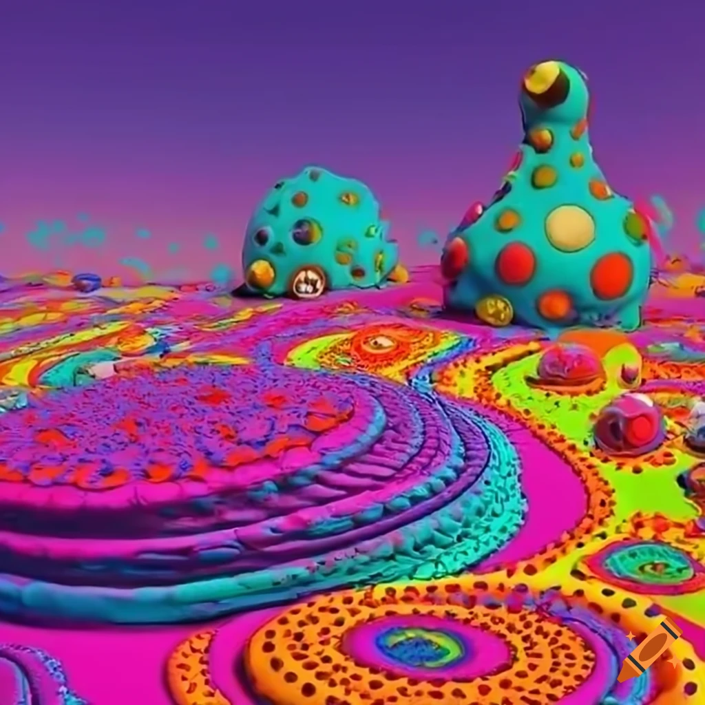 Trippy 3D landscape with vibrant colors and geometric shapes inspired ...