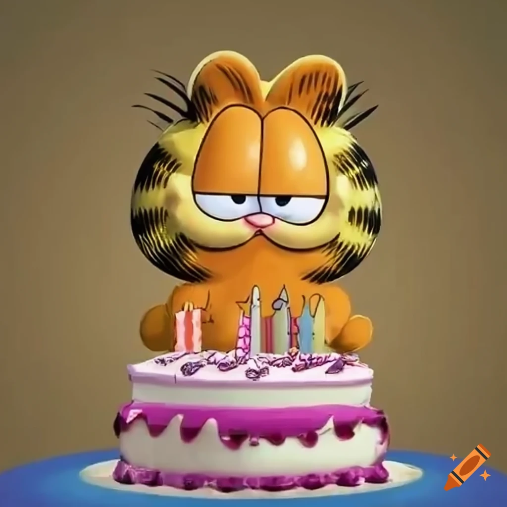 Garfield cartoon celebrating birthday with cake and party hat on Craiyon