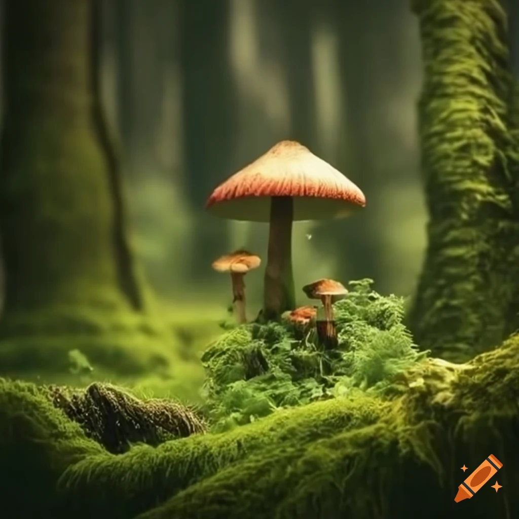 Magical field of ferns, flowers, mushrooms, fairies, and mossy trees on ...