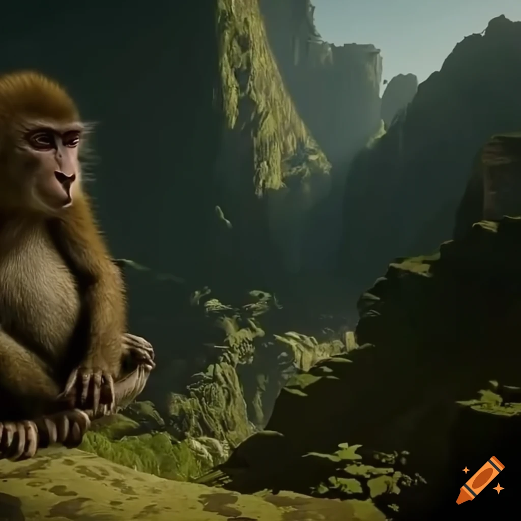 Close-up of a monkey in a grandiose landscape on the planet of the apes ...