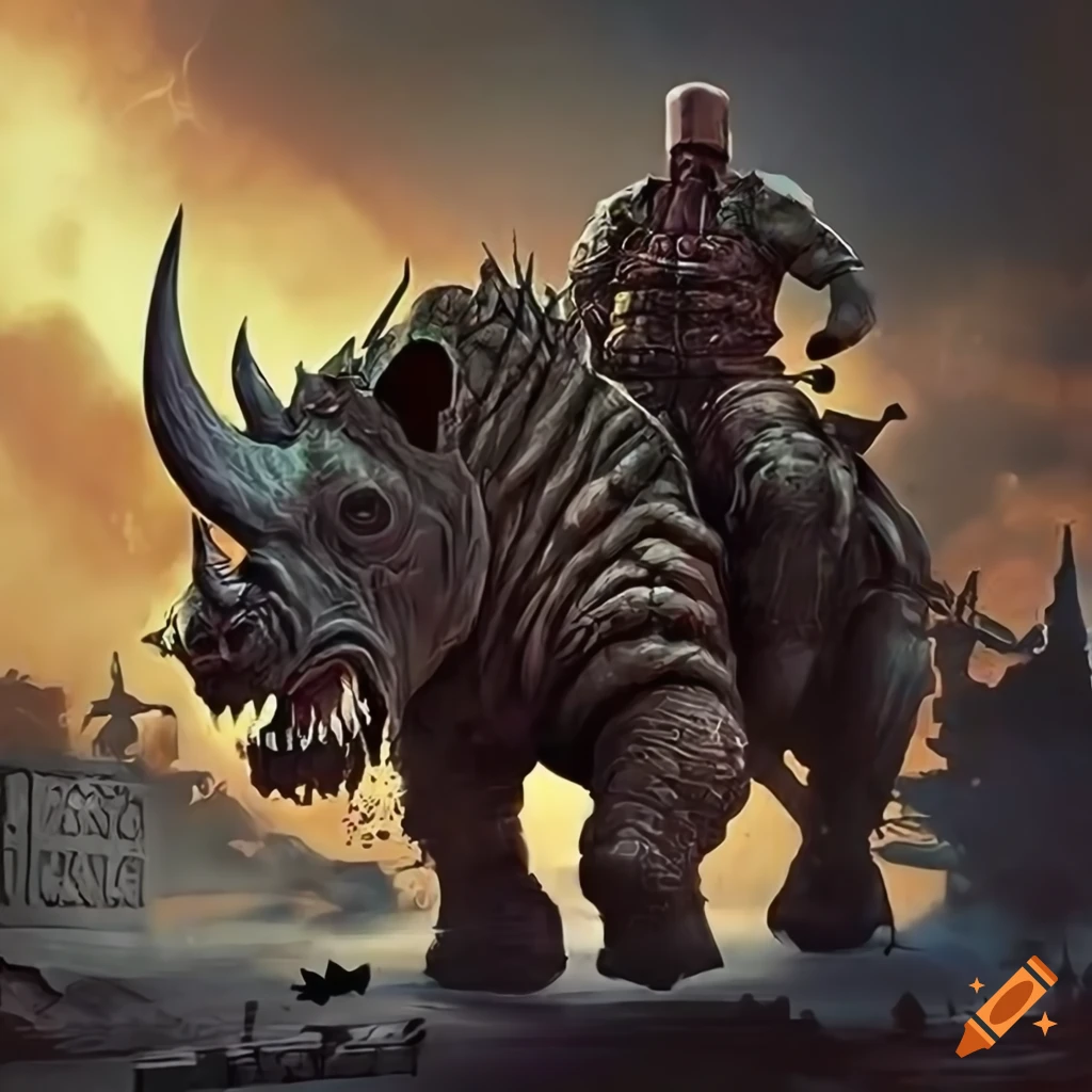 Epic fantasy mutant rhino car chase in Mad Max style poster on Craiyon