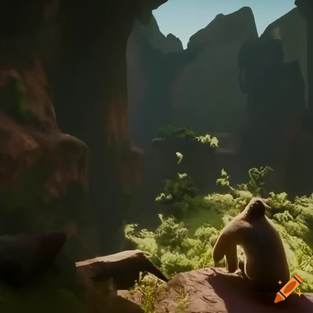 Close-up of a monkey in a grand landscape on the planet of the apes in ...