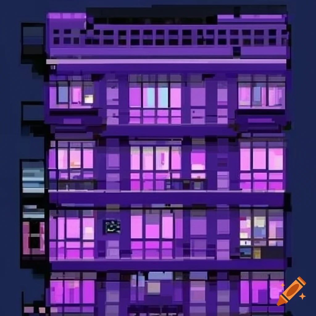 Cyberpunk apartment building in bluish purple pixel art cityscape on ...