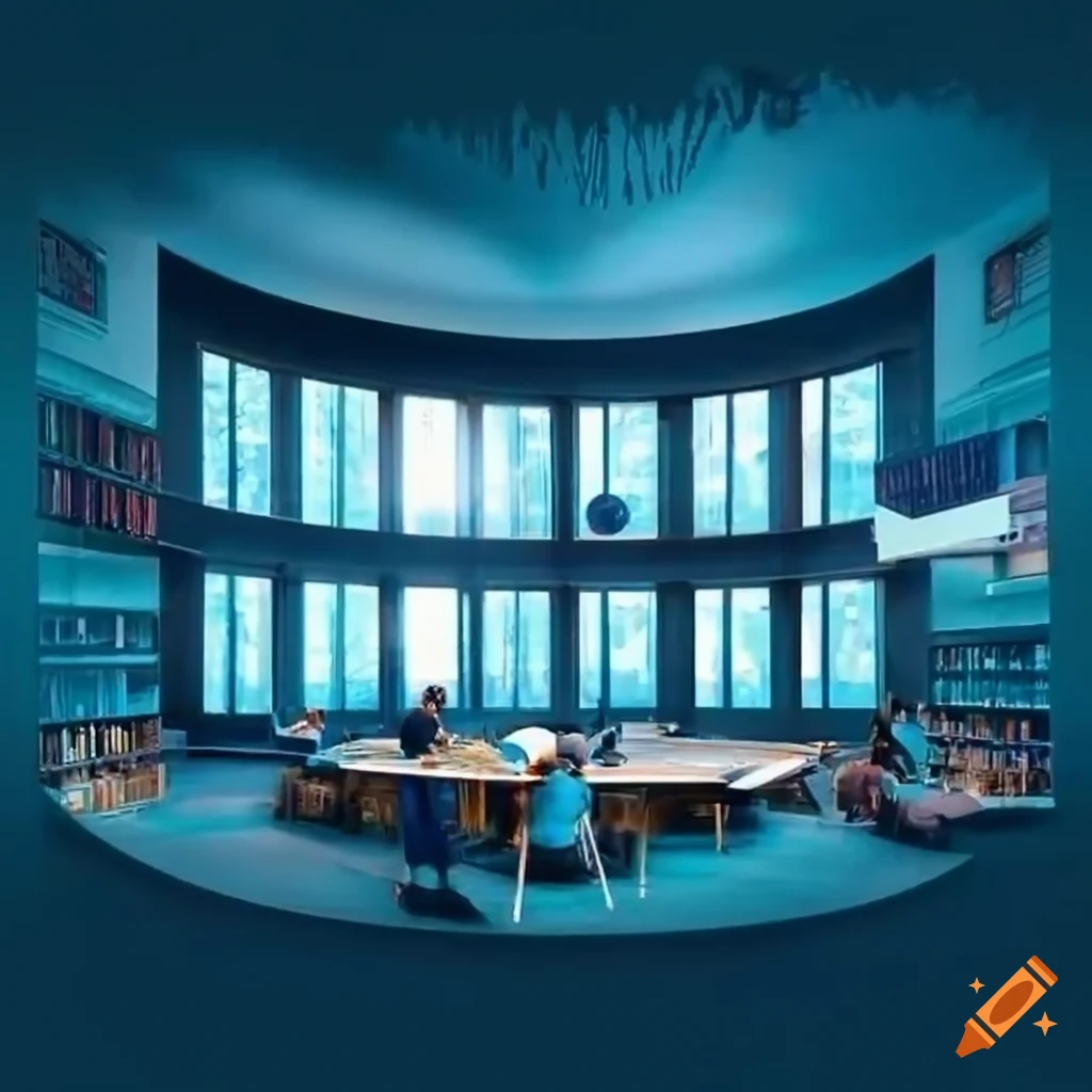 High-tech library with students studying using laptops and wall-mounted ...