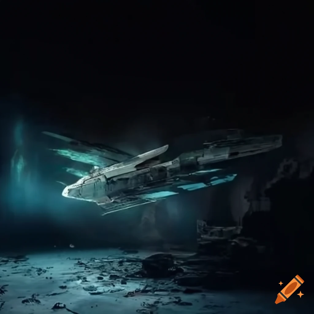 Abandoned spaceship in ruins on Earth's surface on Craiyon