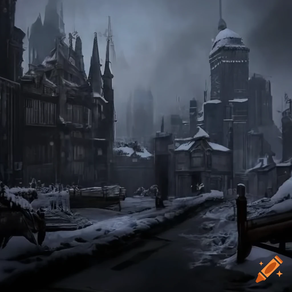 Harsh winter apocalypse city with frozen corpses under darkened sun on ...