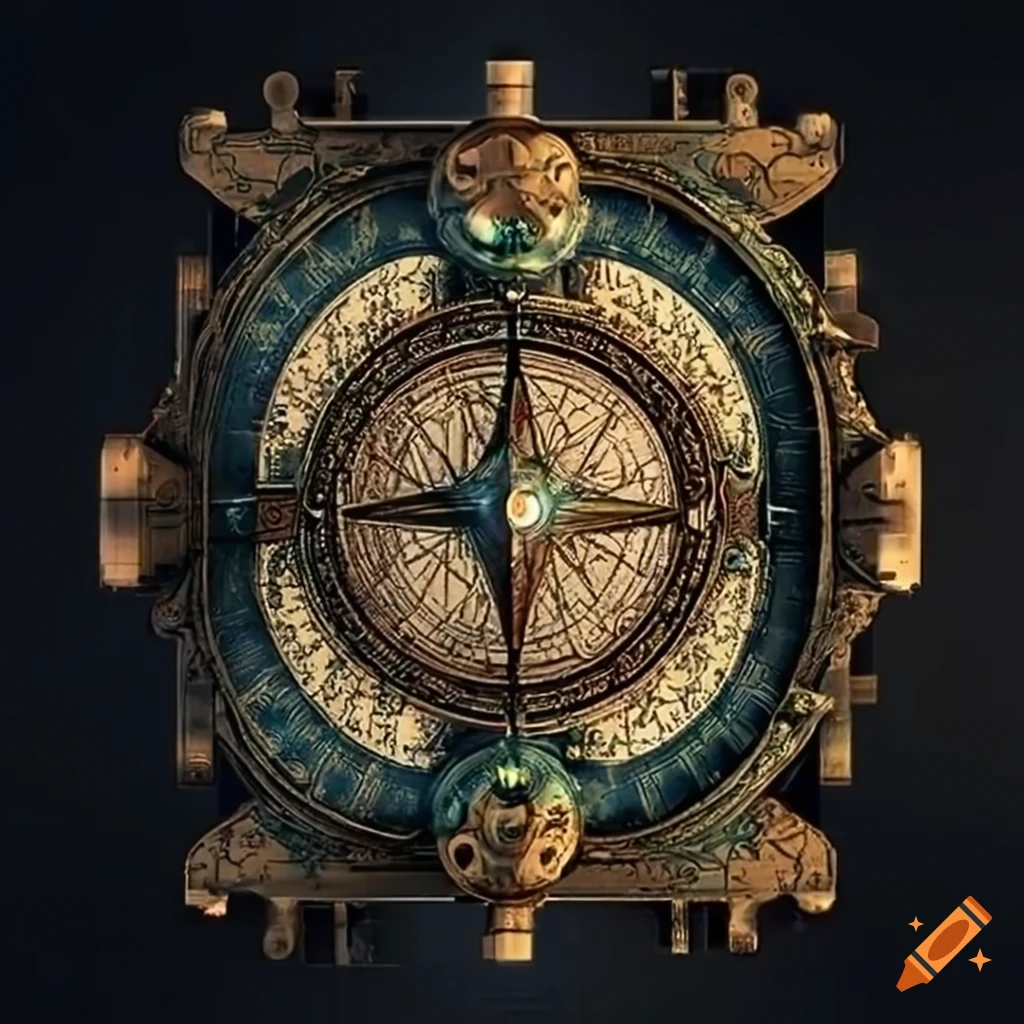 Intricately designed compass with medieval and futuristic elements on ...