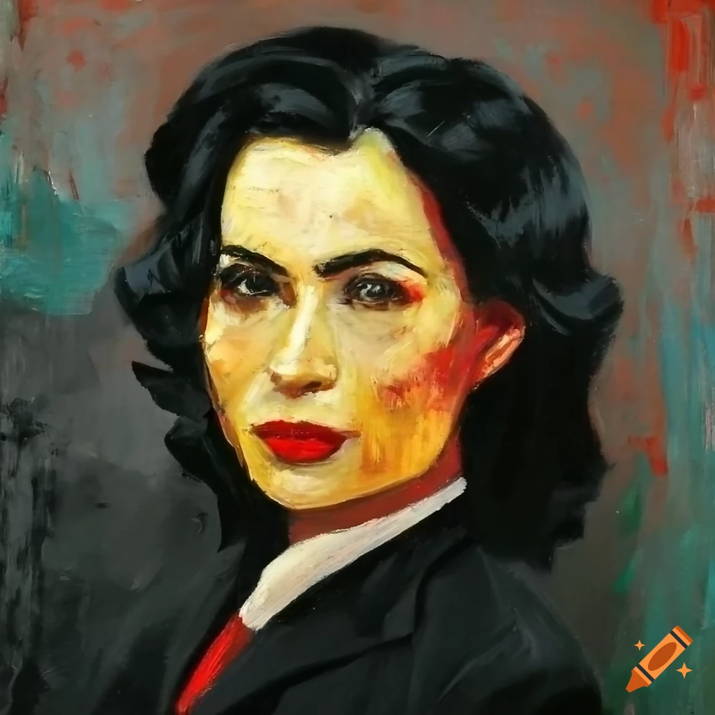 Portrait of a female italian mob boss with black suit and long hair in ...