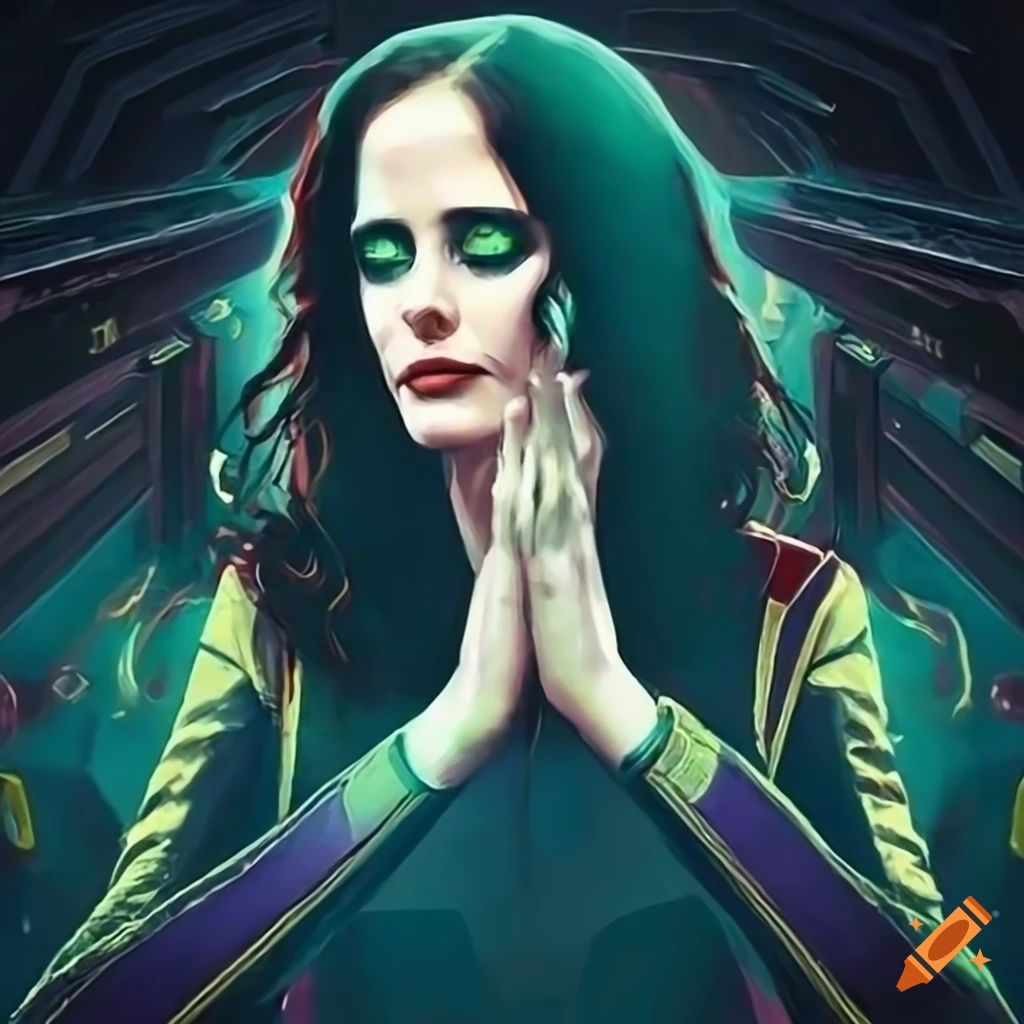 Young Eva Green with glowing green eyes portraying an interdimensional ...