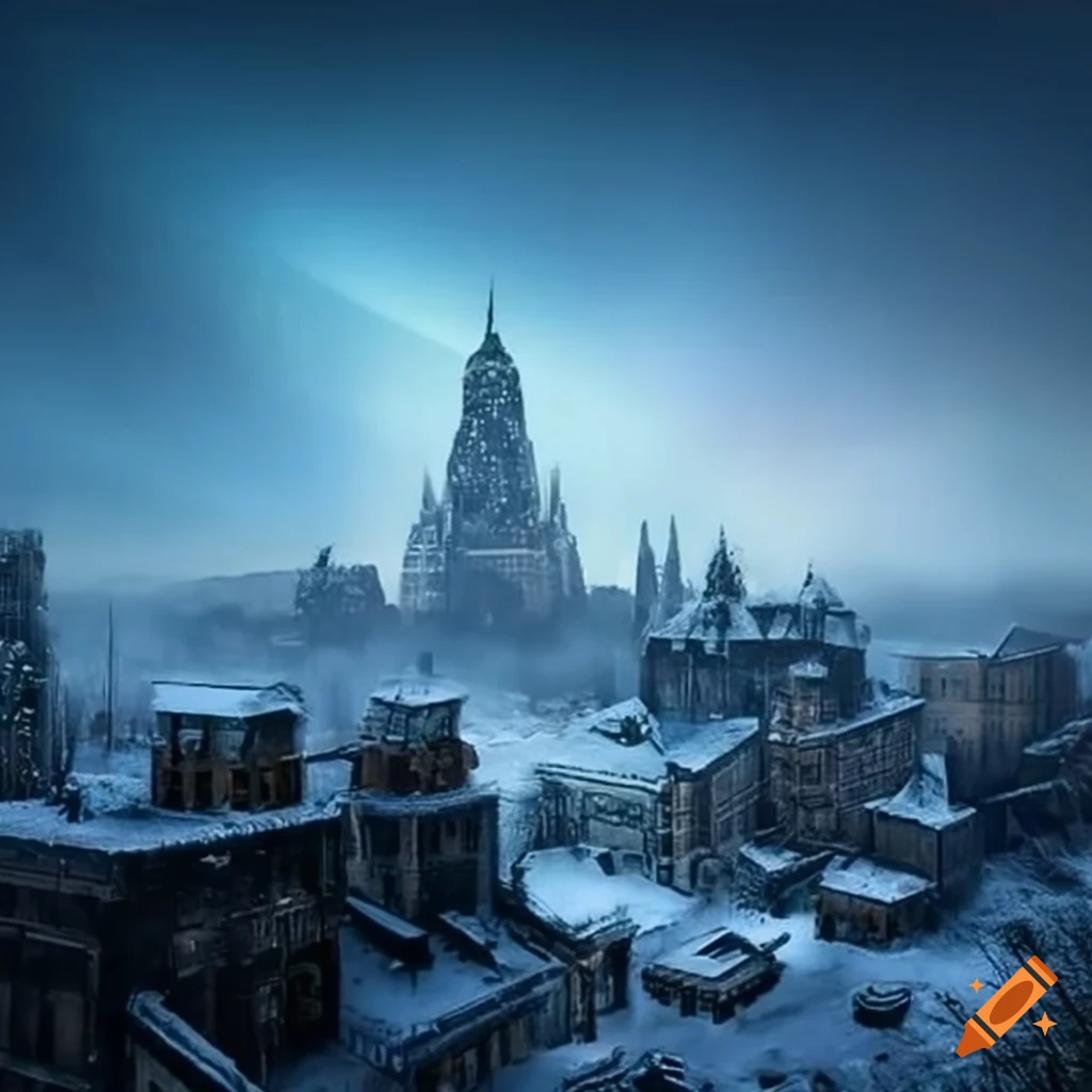 Harsh winter apocalypse city with frozen corpses under darkened sun on ...