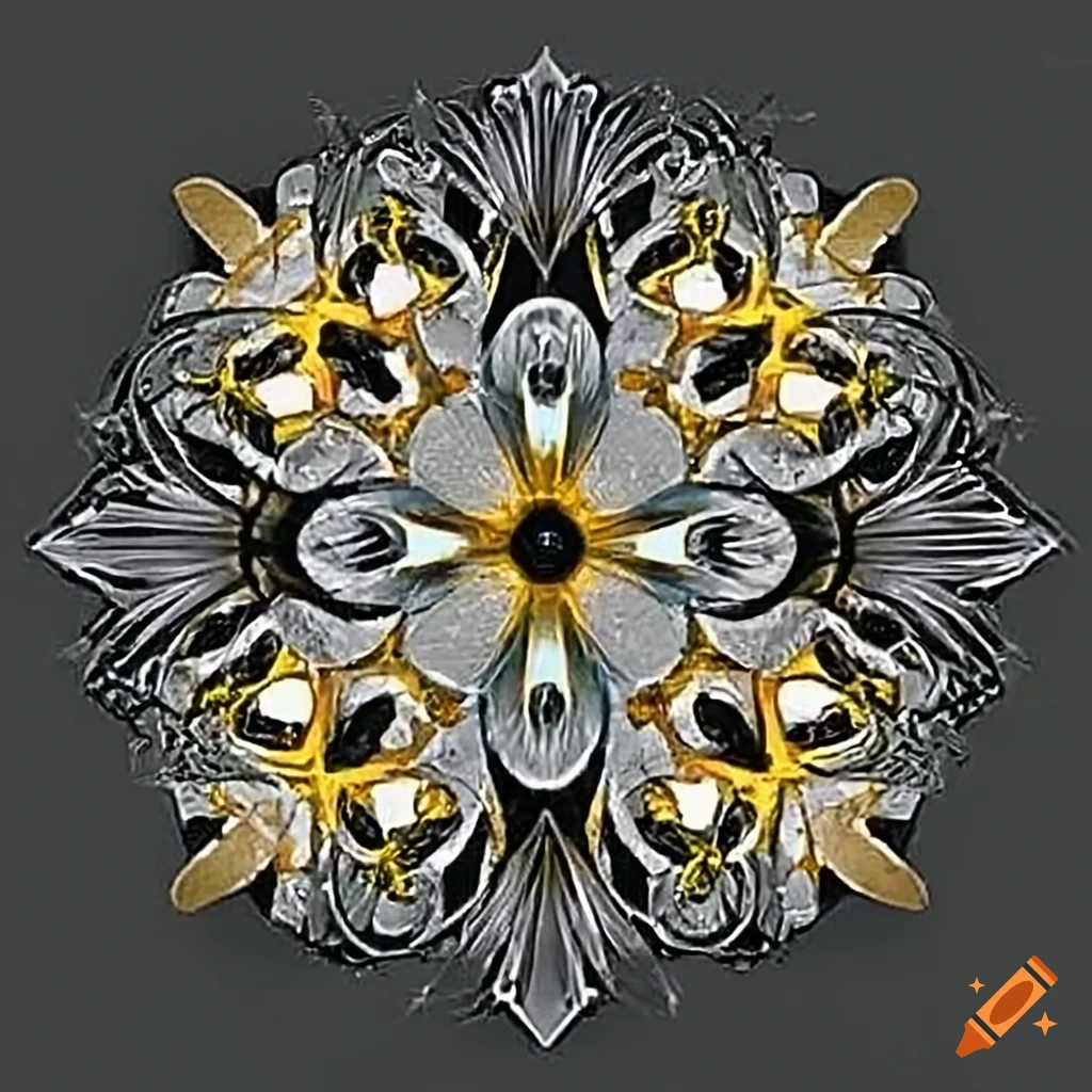 Maltese cross design with flowing shapes in black and silver on a ...